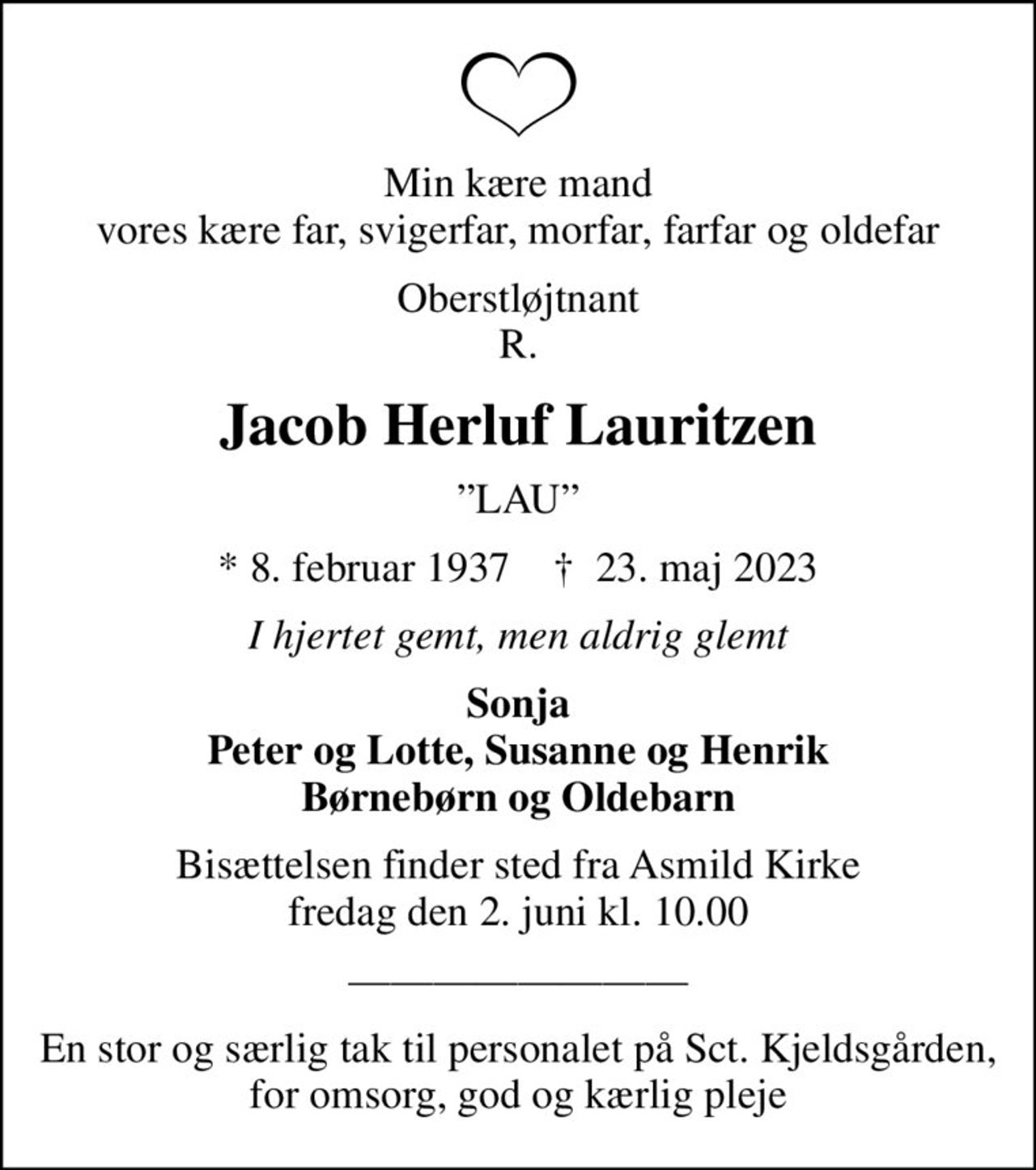 Jacob Herluf Lauritzen | Dødsannoncer i Danmark