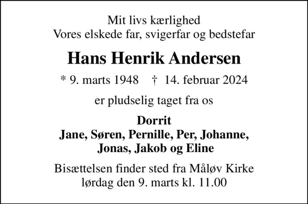 Hans Henrik Andersen | Dødsannoncer i Danmark