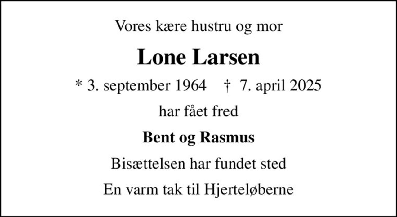 Lone Larsen | Dødsannoncer i Danmark