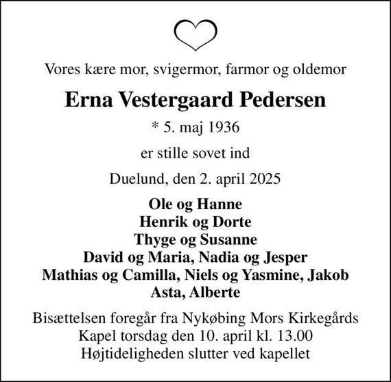 Erna Vestergaard Pedersen | Dødsannoncer i Danmark