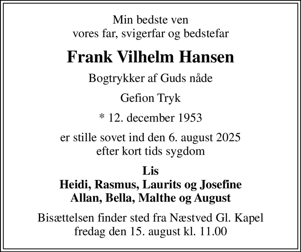 Frank Vilhelm Hansen | Danmarks største medie for mindesider og ...