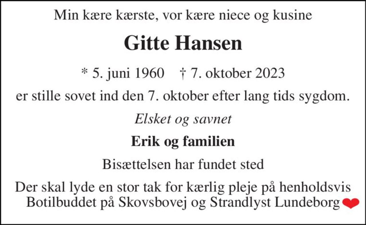 Gitte Hansen | Danmarks største medie for mindesider og dødsannoncer