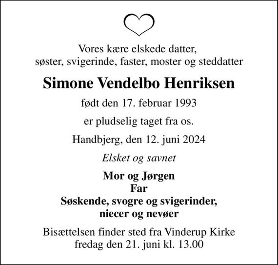 Simone Vendelbo Henriksen | Dødsannoncer i Danmark