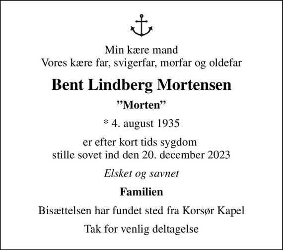 Bent Lindberg Mortensen | Dødsannoncer i Danmark