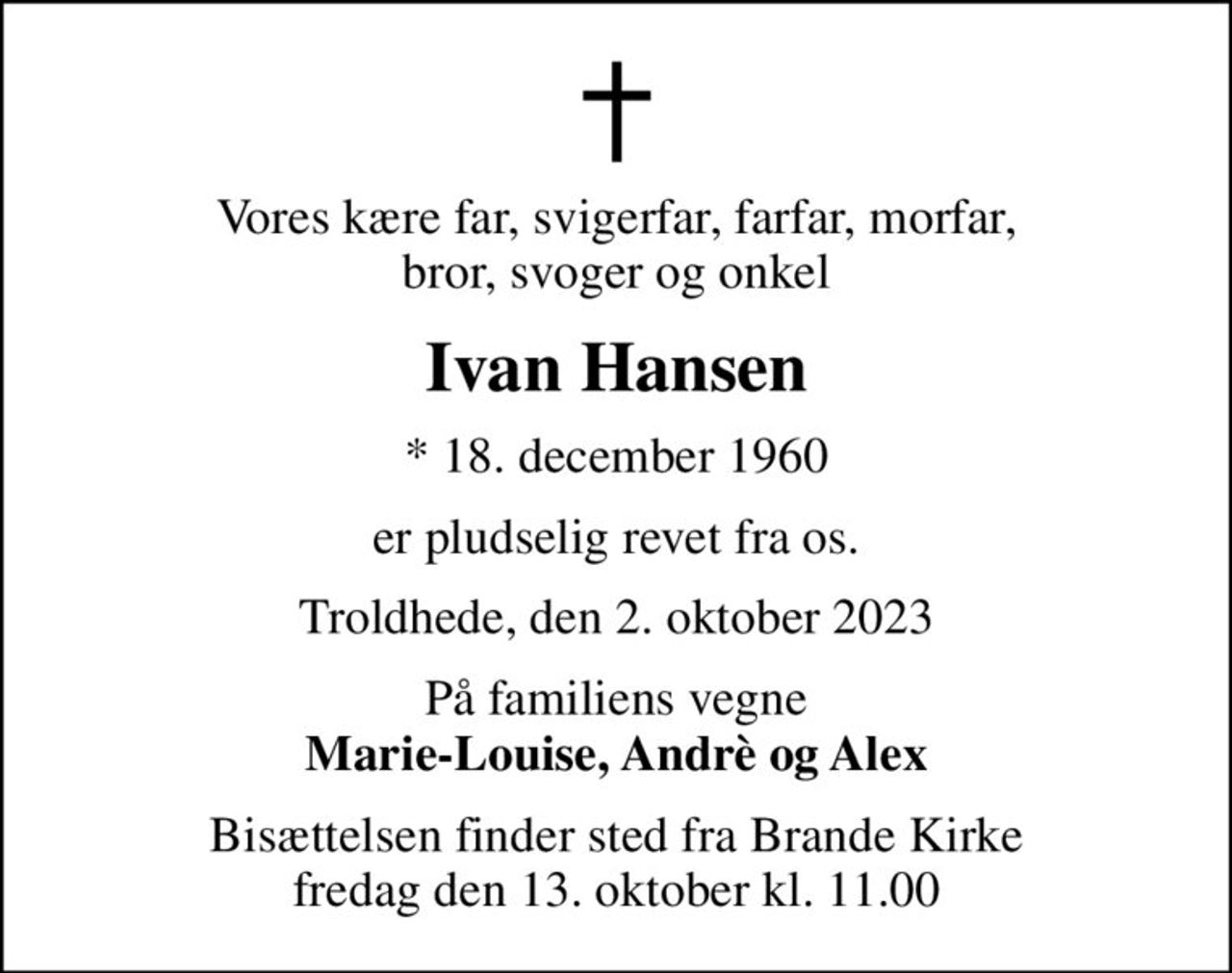 Ivan Hansen | Dødsannoncer i Danmark