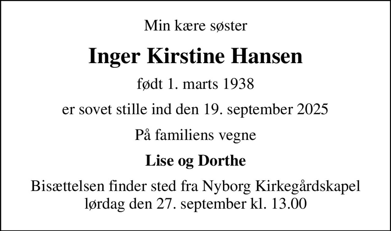 Inger Kirstine Hansen | Dødsannoncer i Danmark