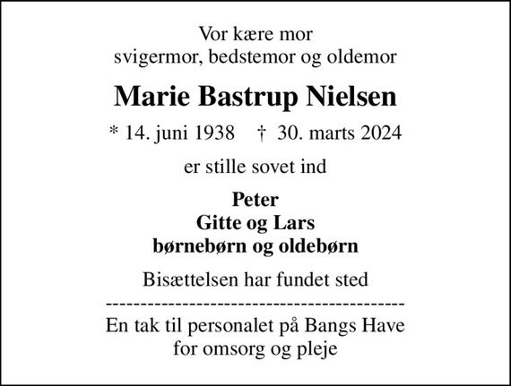 Marie Bastrup Nielsen | Dødsannoncer i Danmark