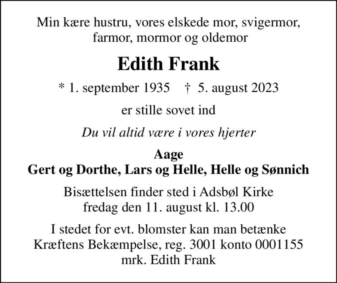 Edith Frank | Danmarks største medie for mindesider og dødsannoncer
