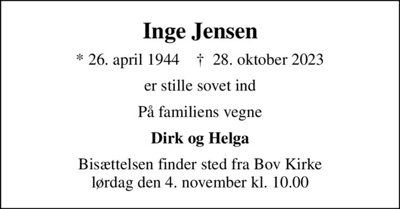 Inge Jensen | Dødsannoncer i Danmark