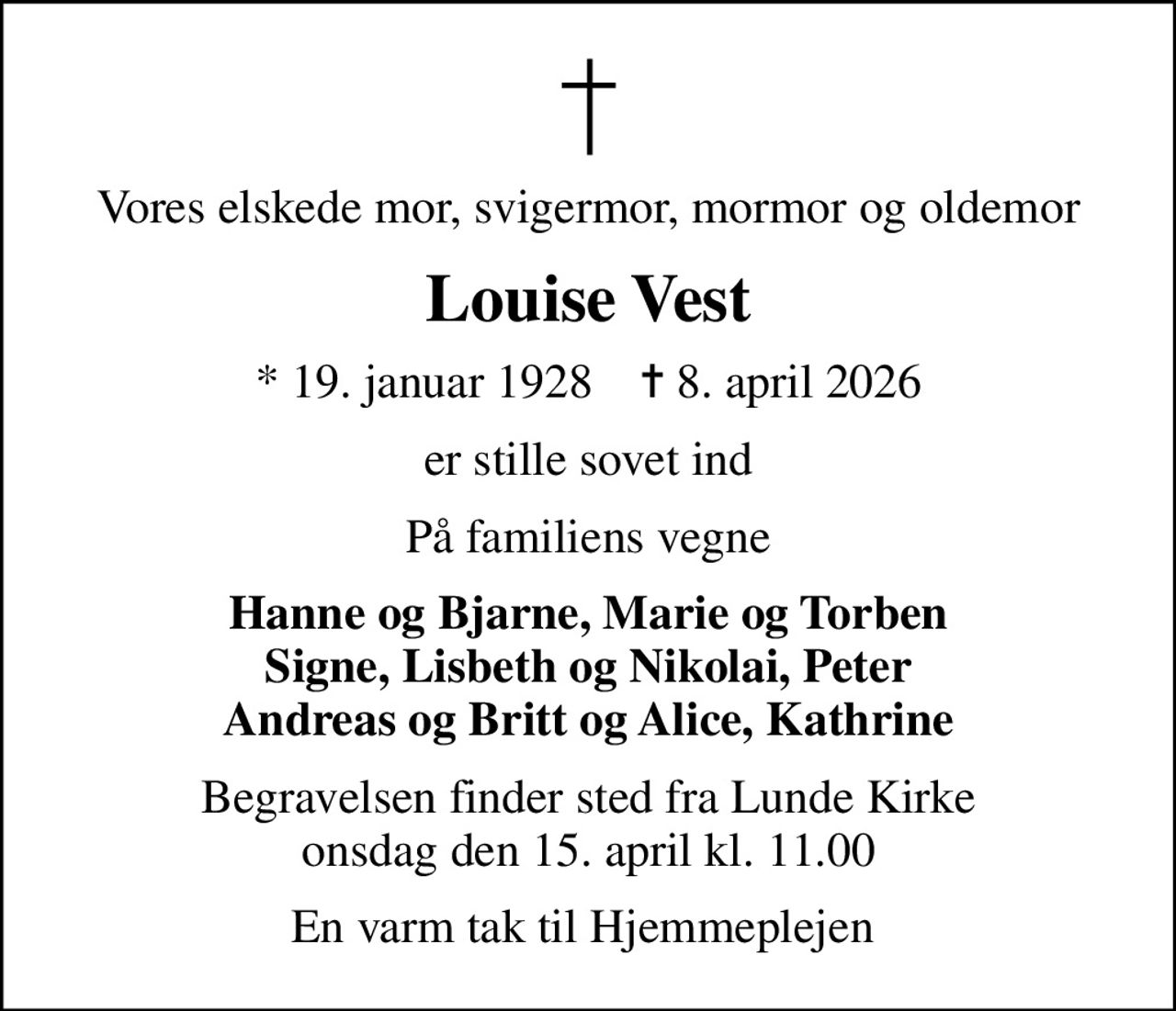 Louise Vest | Danmarks største medie for mindesider og dødsannoncer