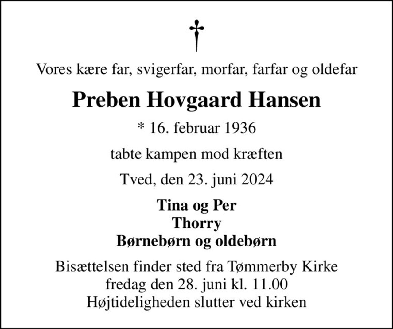 Preben Hovgaard Hansen | Dødsannoncer i Danmark