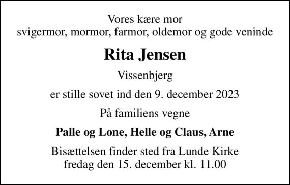Rita Margrethe Jensen | Dødsannoncer i Danmark