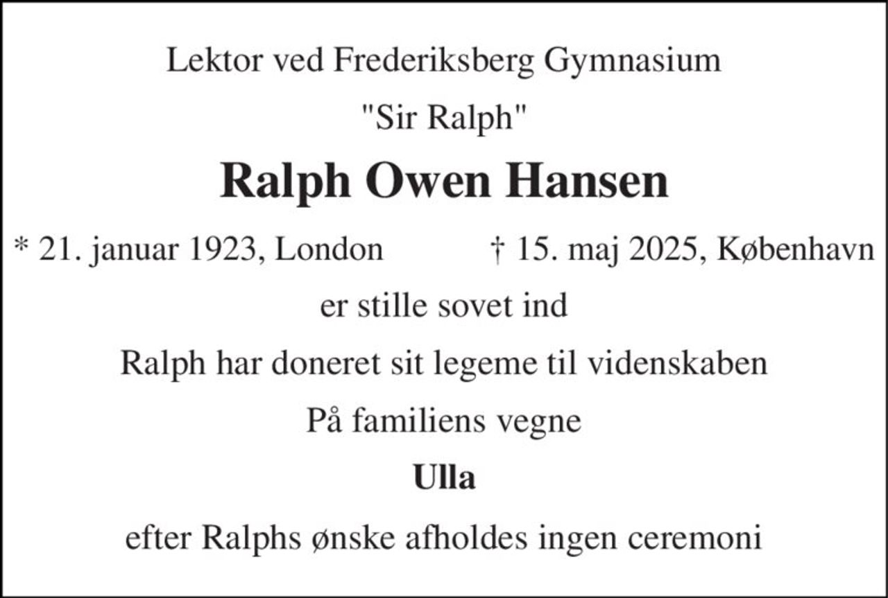 Ralph Owen Hansen | Dødsannoncer i Danmark