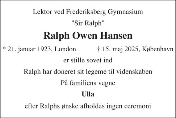 Ralph Owen Hansen | Dødsannoncer i Danmark