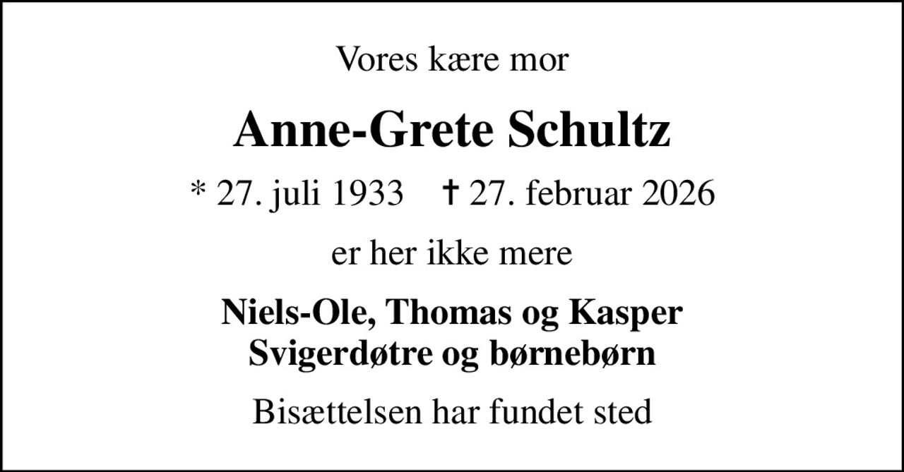 Anne-Grete Schultz | Danmarks største medie for mindesider og dødsannoncer