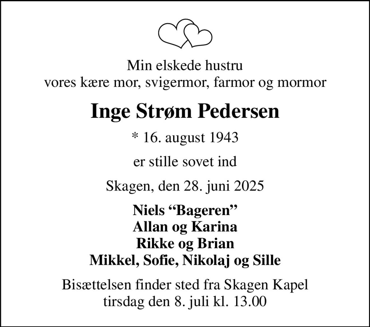 Inge Strøm Pedersen | Danmarks største medie for mindesider og dødsannoncer
