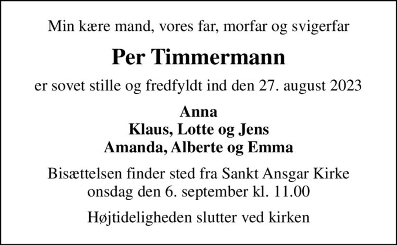 Per Timmermann | Dødsannoncer i Danmark