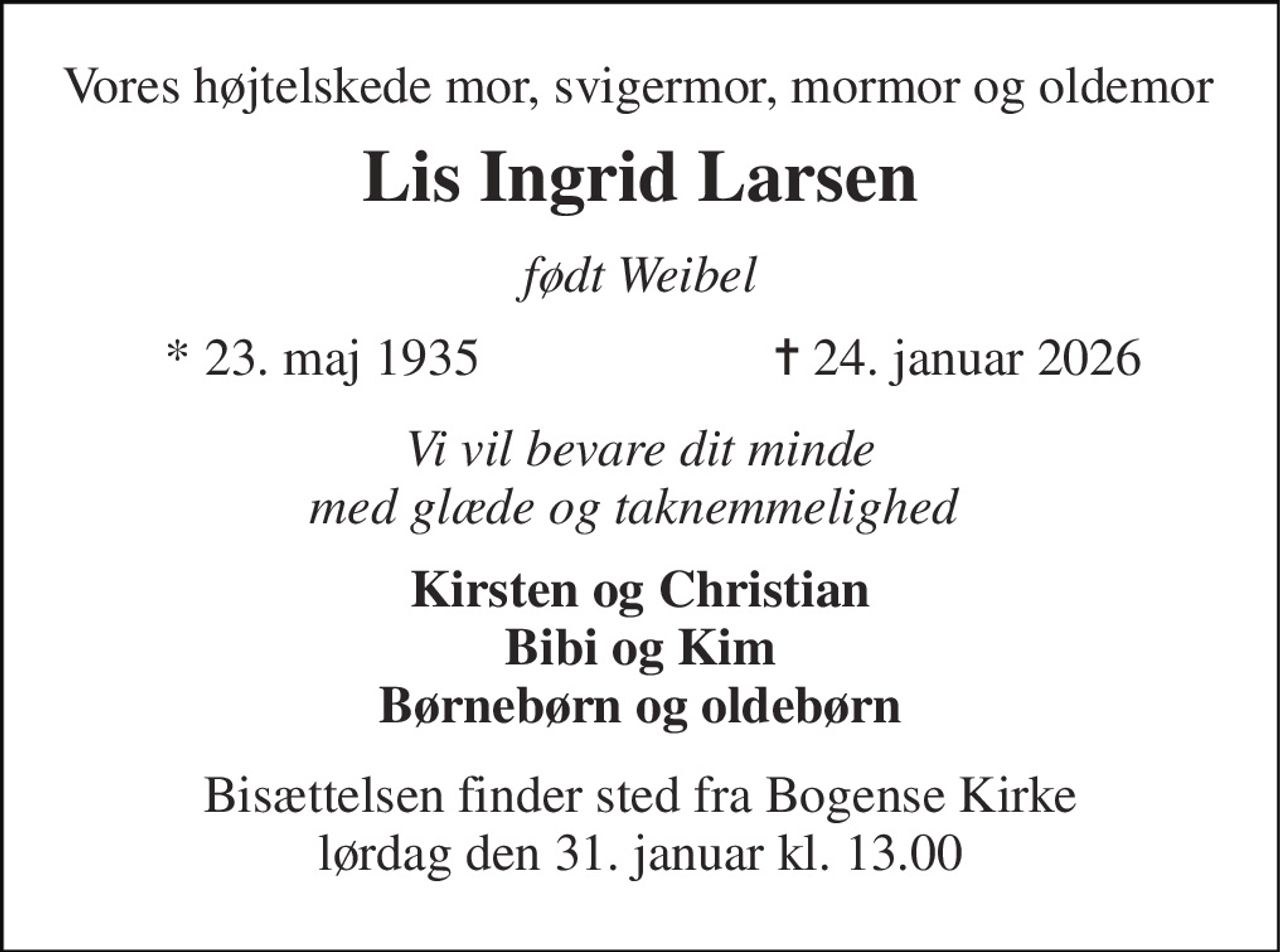 Lis Ingrid Larsen | Danmarks største medie for mindesider og dødsannoncer