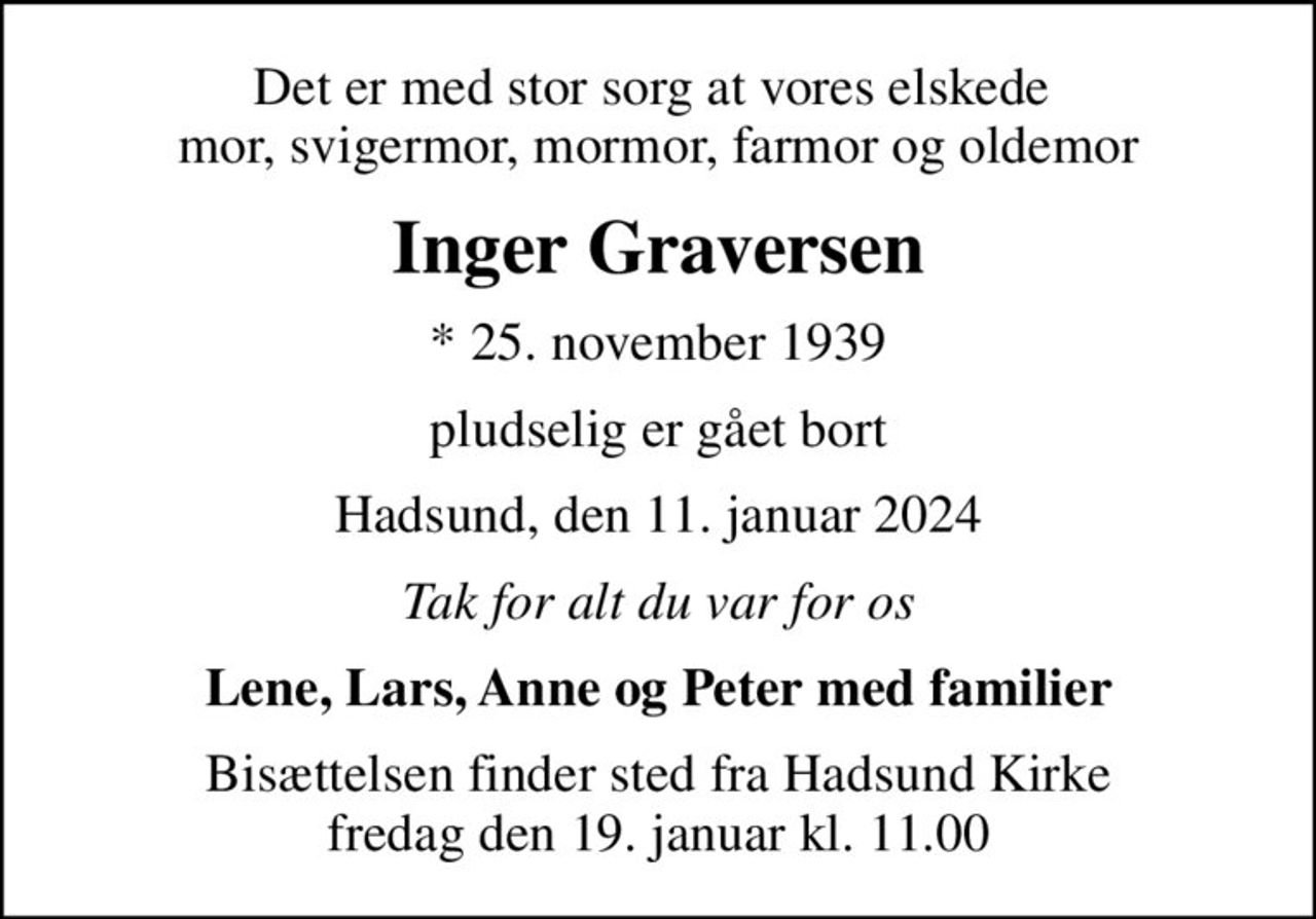 Inger Graversen | Danmarks største medie for mindesider og dødsannoncer