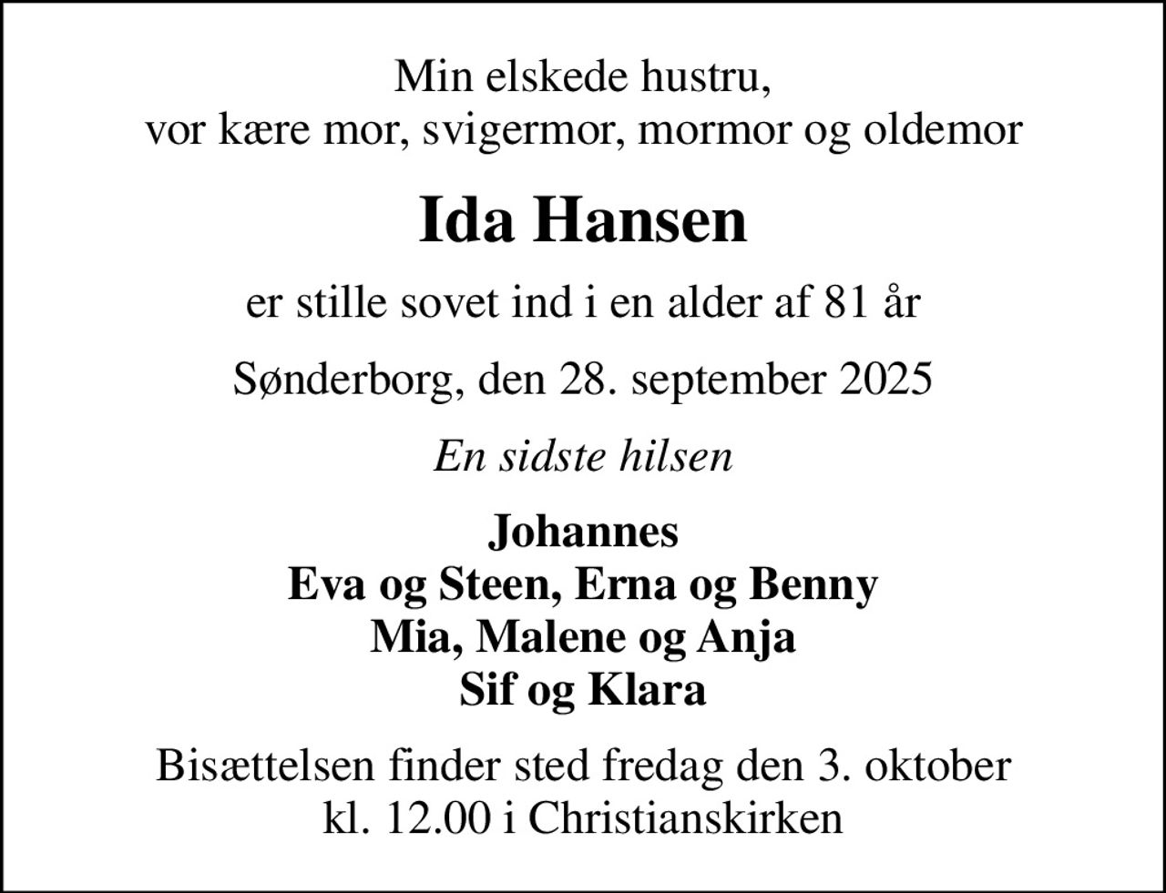 Ida Hansen | Dødsannoncer i Danmark