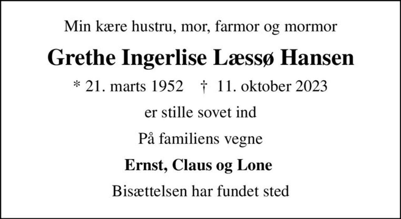 Grethe Ingerlise Læssø Hansen | Dødsannoncer i Danmark