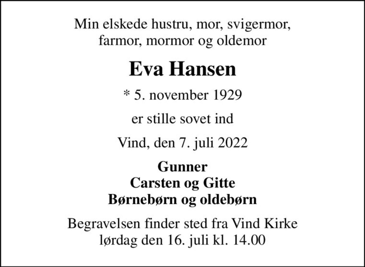 Eva Hansen | Dødsannoncer i Danmark