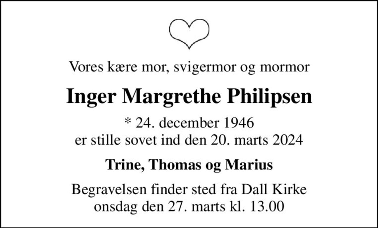 Inger Margrethe Philipsen | Dødsannoncer i Danmark