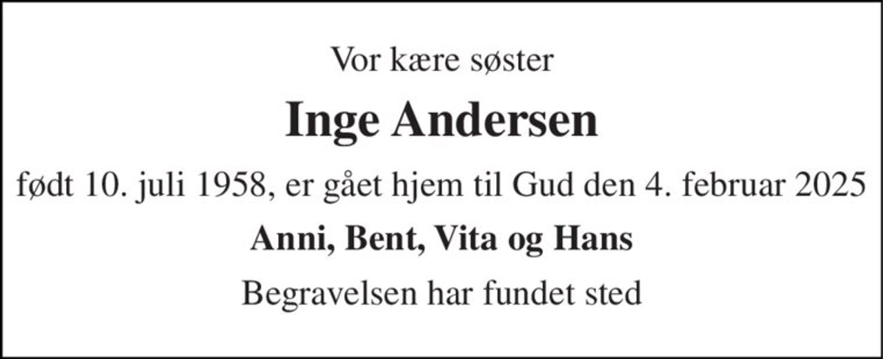 Inge Andersen | Dødsannoncer i Danmark
