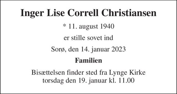 Inger Lise Correll Christiansen | Dødsannoncer i Danmark