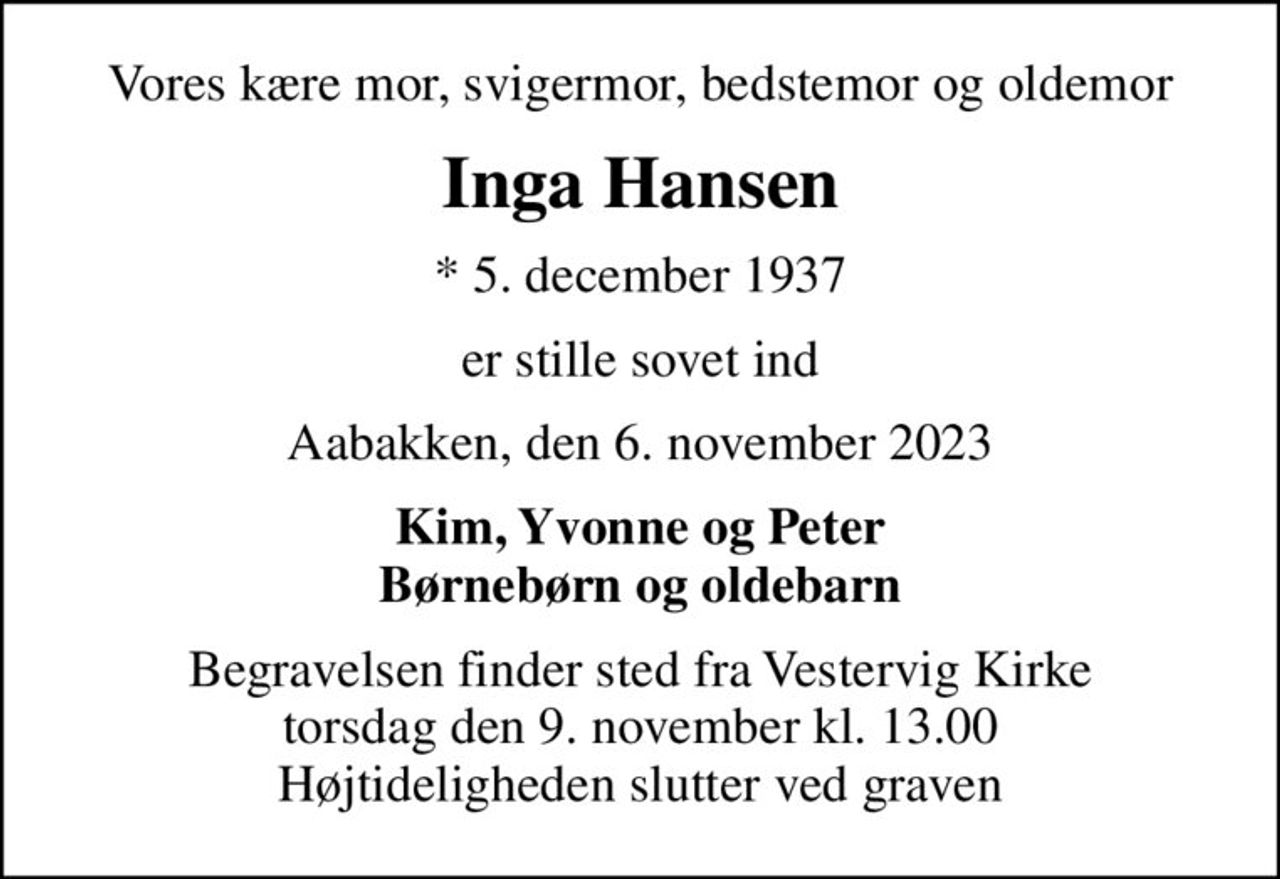 Inga Hansen | Danmarks største medie for mindesider og dødsannoncer
