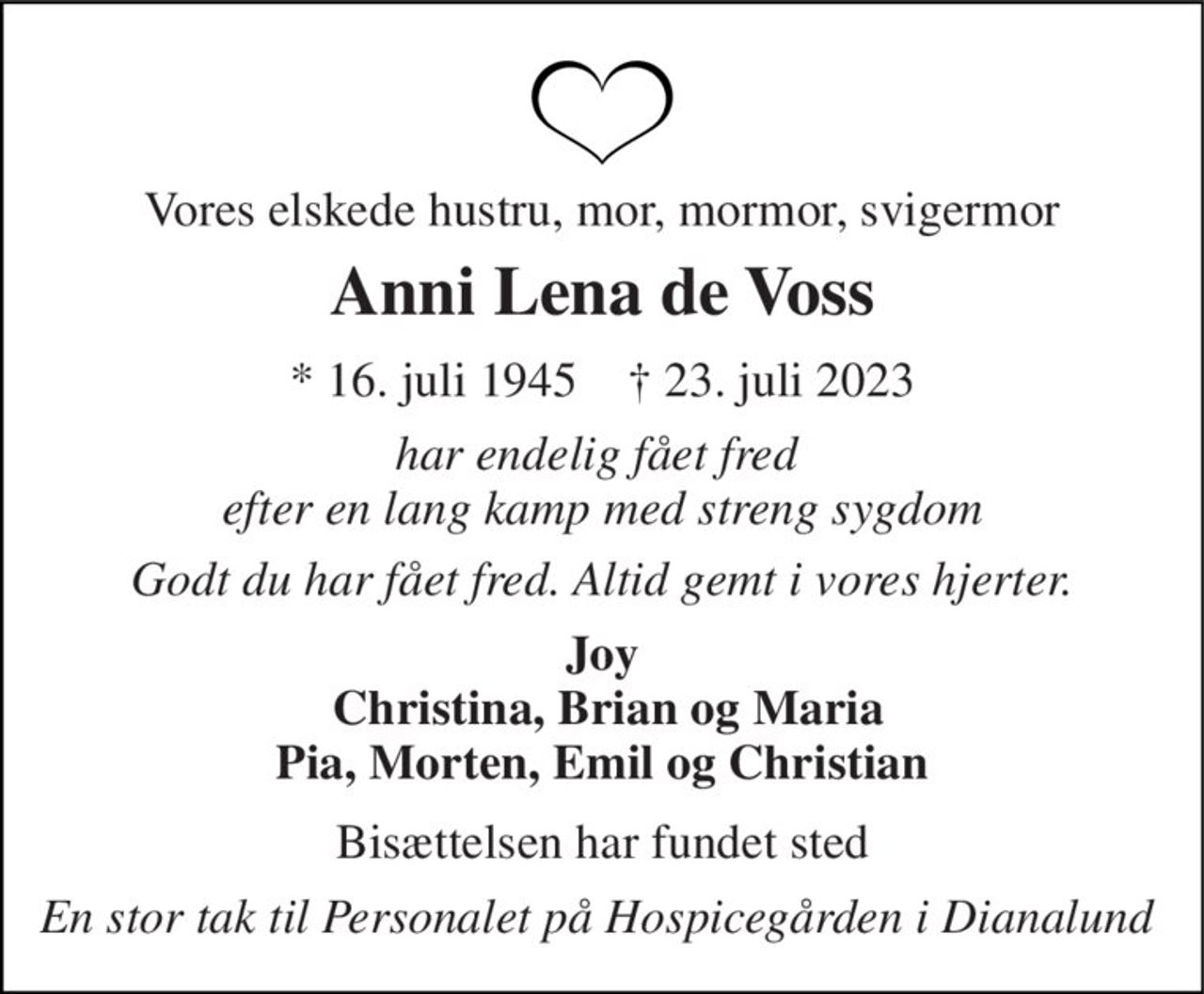 Anni Lena De Voss | Danmarks største medie for mindesider og dødsannoncer