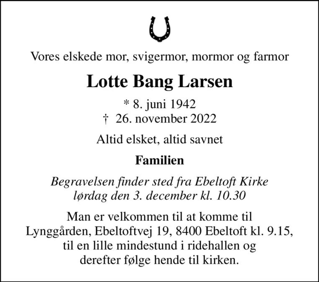 Lotte Bang Larsen | Danmarks største medie for mindesider og dødsannoncer