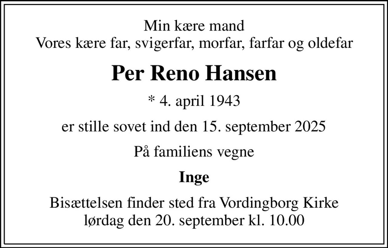 Per Reno Hansen | Dødsannoncer i Danmark