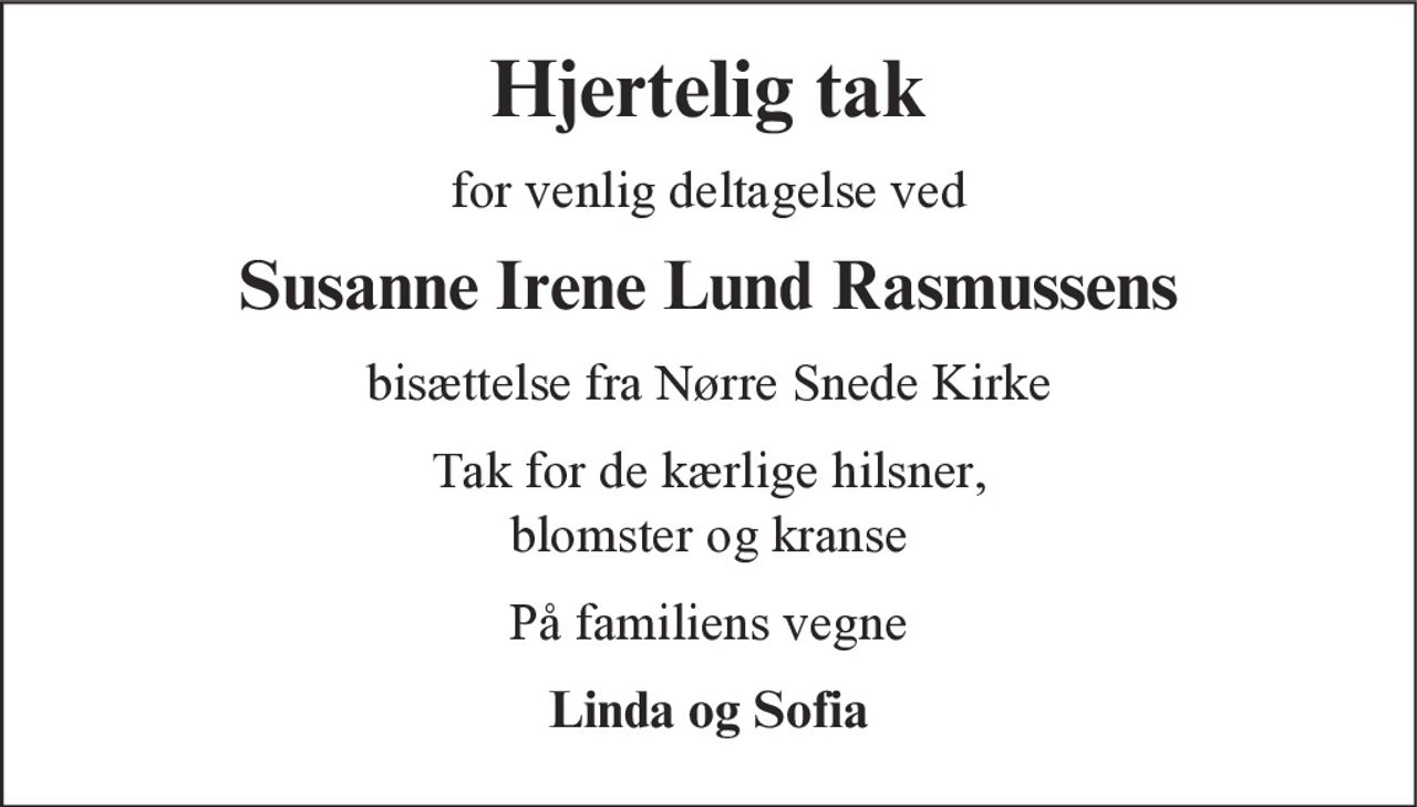Susanne Irene Lund Rasmussen | Dødsannoncer i Danmark
