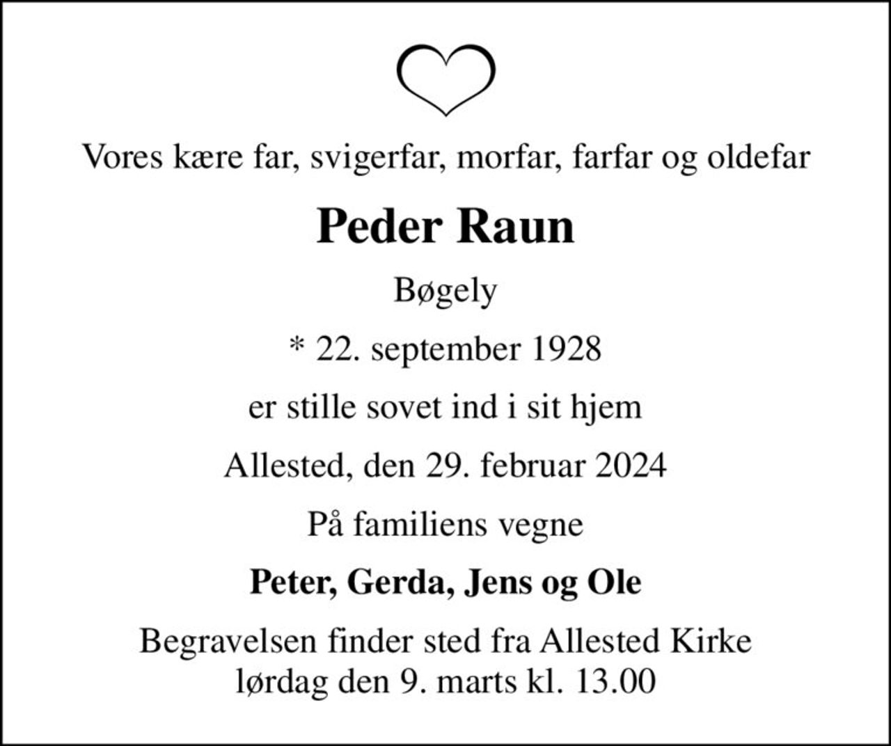 Peder Hansen Raun | Danmarks største medie for mindesider og dødsannoncer