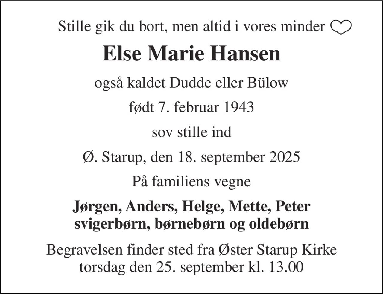 Else Marie Hansen | Dødsannoncer i Danmark