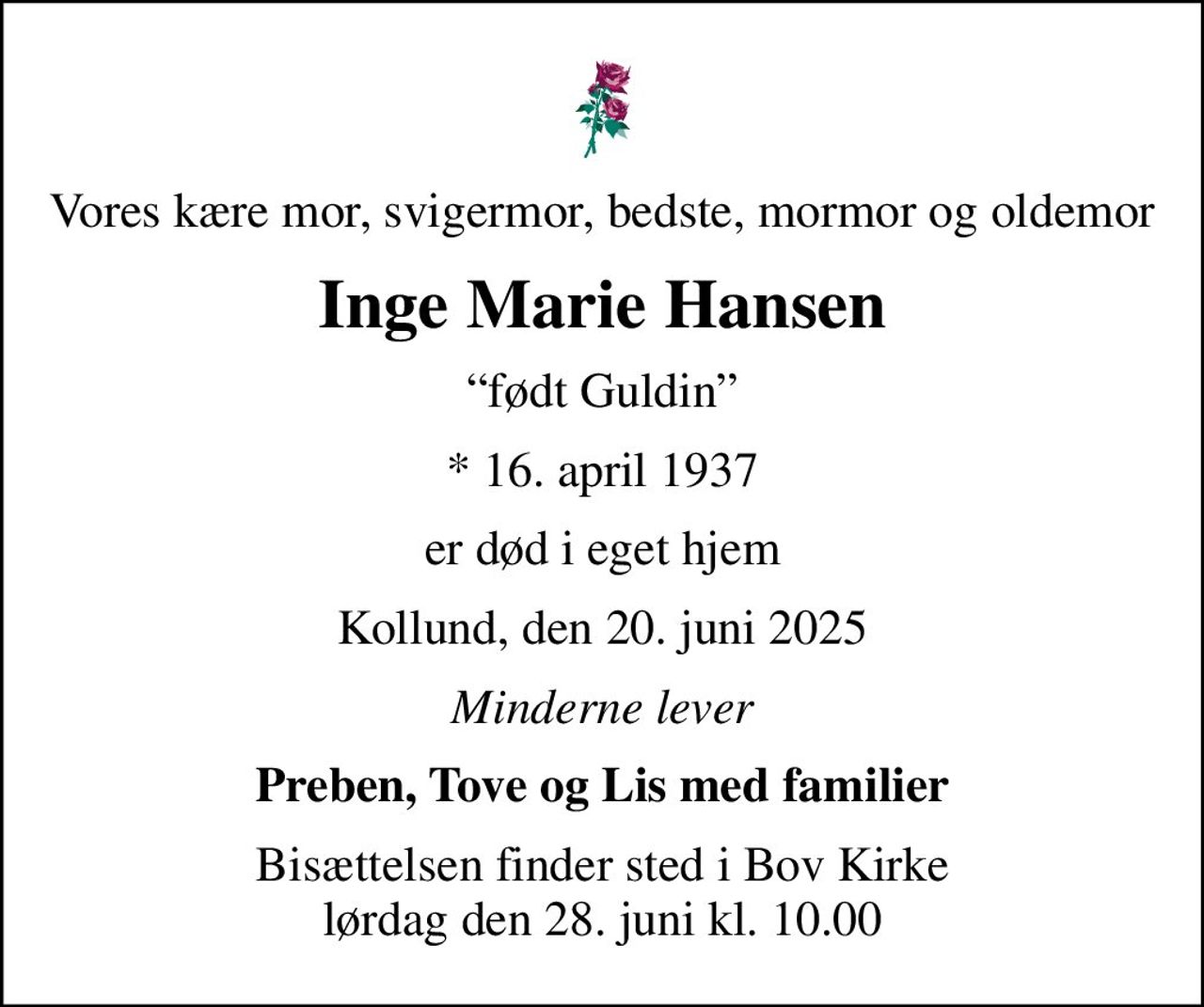 Inge Marie Hansen | Dødsannoncer i Danmark