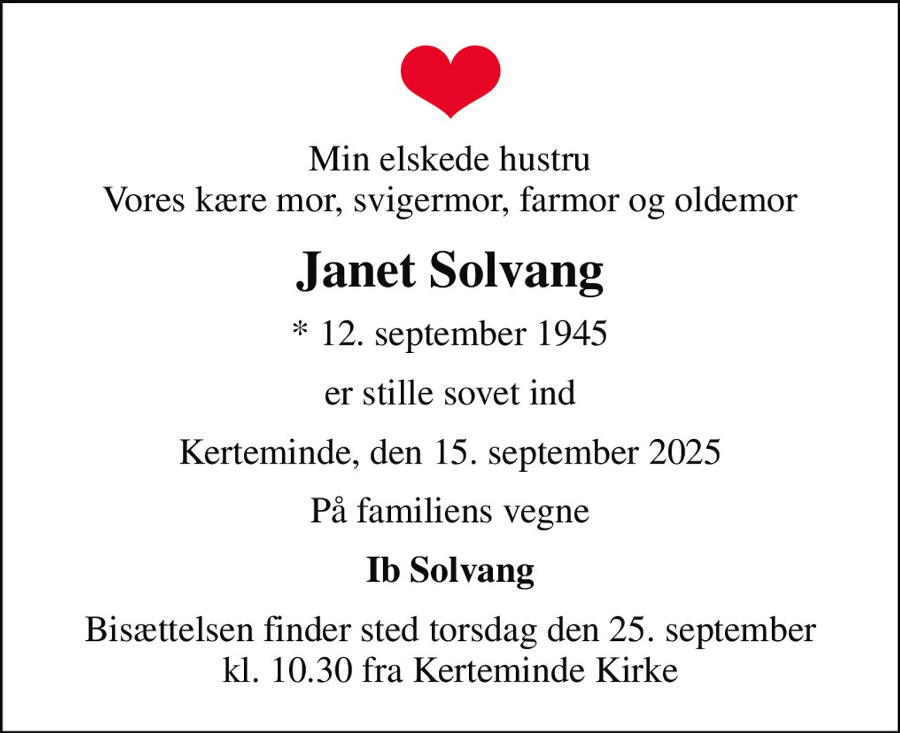Janet Solvang | Dødsannoncer i Danmark