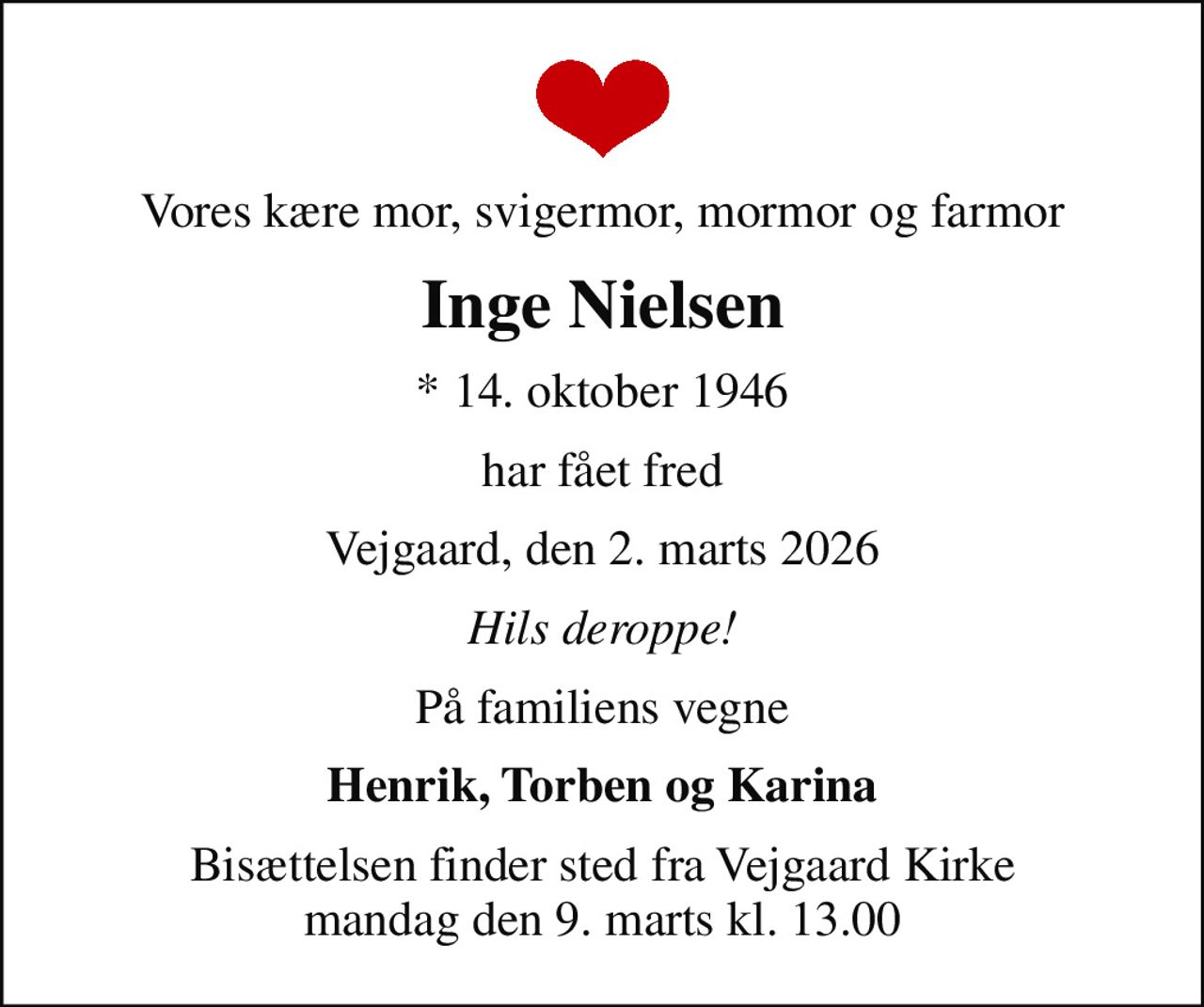 Inge Nielsen | Danmarks største medie for mindesider og dødsannoncer