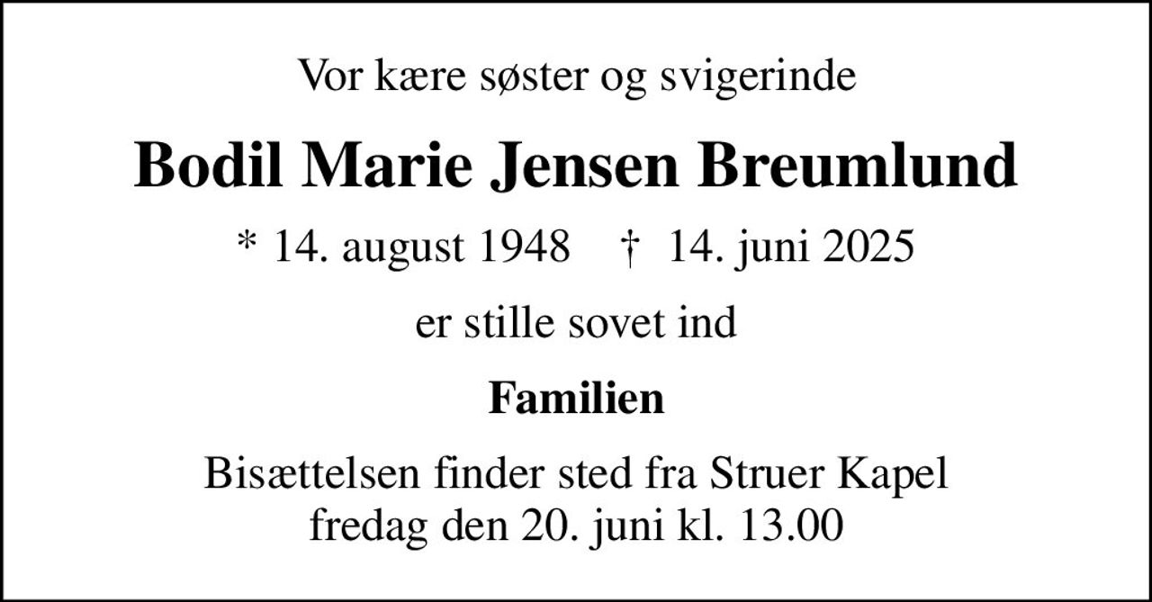 Bodil Marie Jensen Breumlund | Dødsannoncer i Danmark