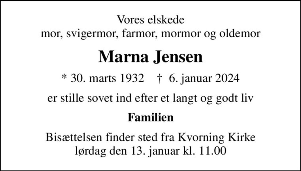 Marna Jensen | Danmarks største medie for mindesider og dødsannoncer