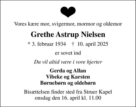 Grethe Astrup Nielsen | Dødsannoncer i Danmark