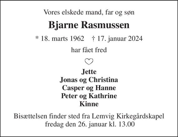 Bjarne Rasmussen | Dødsannoncer i Danmark