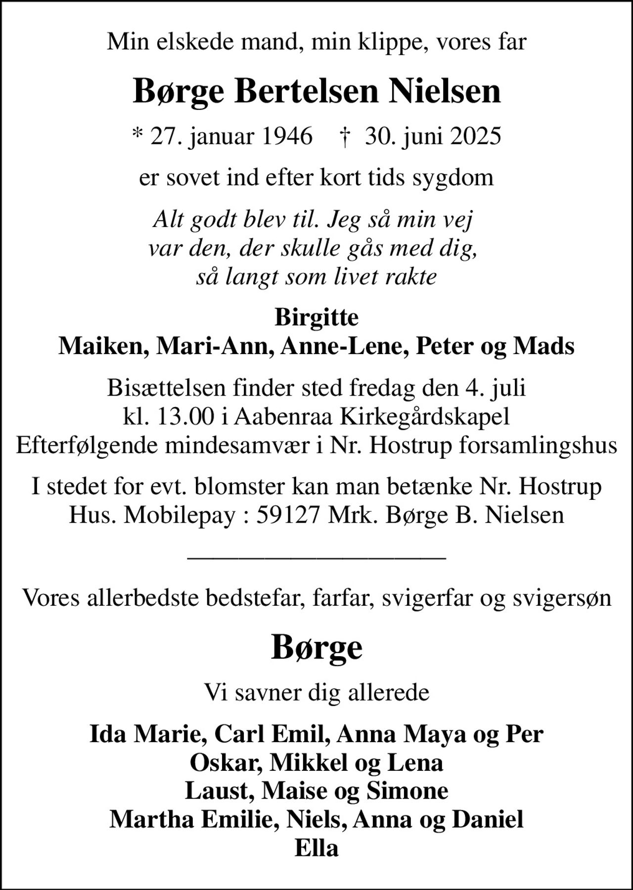 Børge Bertelsen Nielsen | Dødsannoncer i Danmark