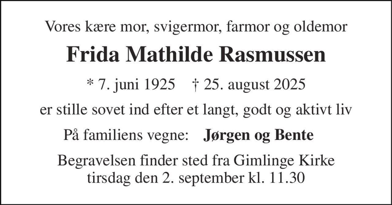 Frida Mathilde Rasmussen | Dødsannoncer i Danmark