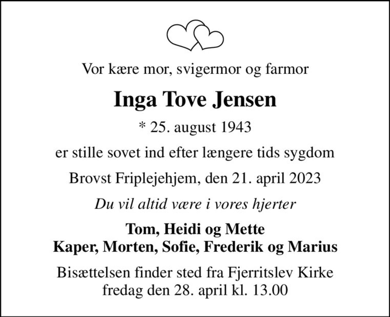 Inga Tove Jensen Dødsannoncer I Danmark