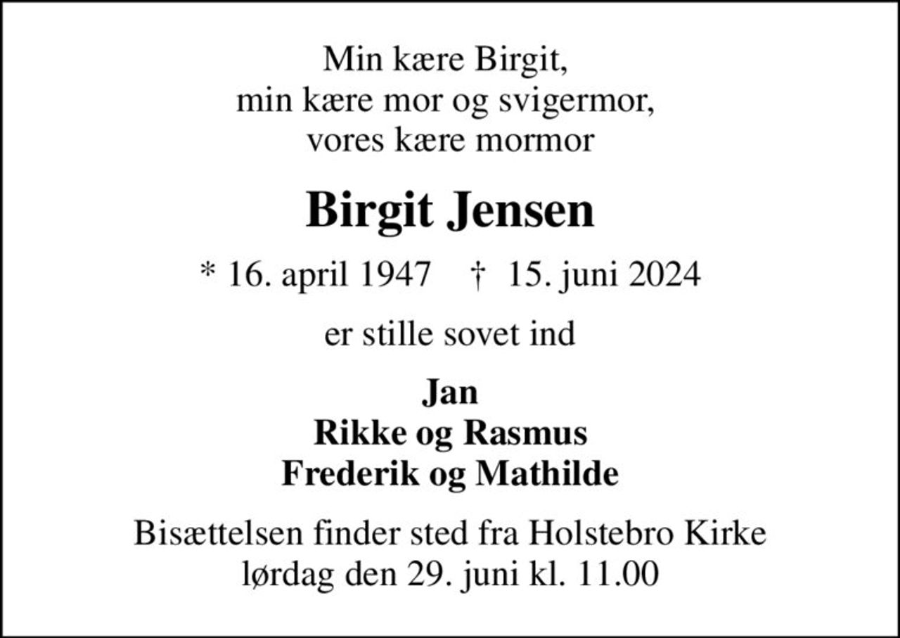 Birgit Jensen | Dødsannoncer i Danmark