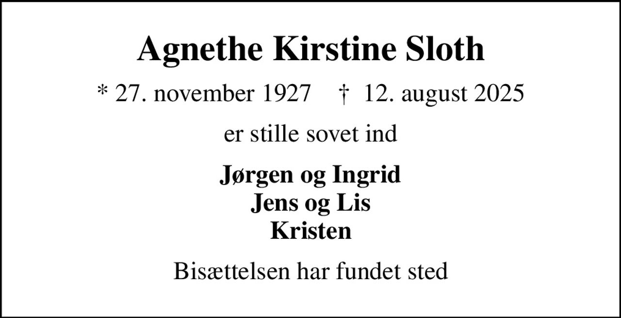 Agnethe Kirstine Sloth | Dødsannoncer i Danmark