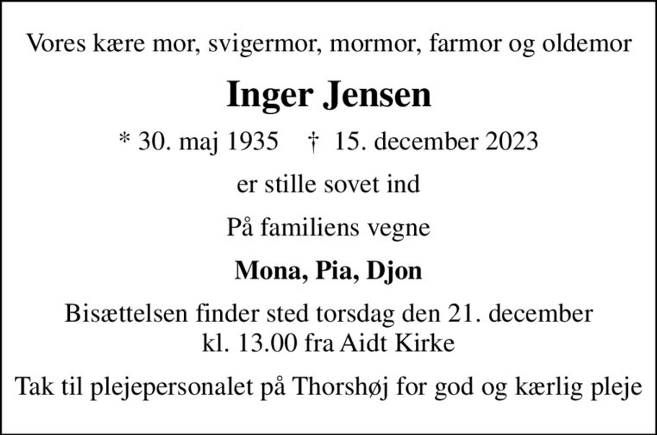 Inger Jensen | Dødsannoncer i Danmark