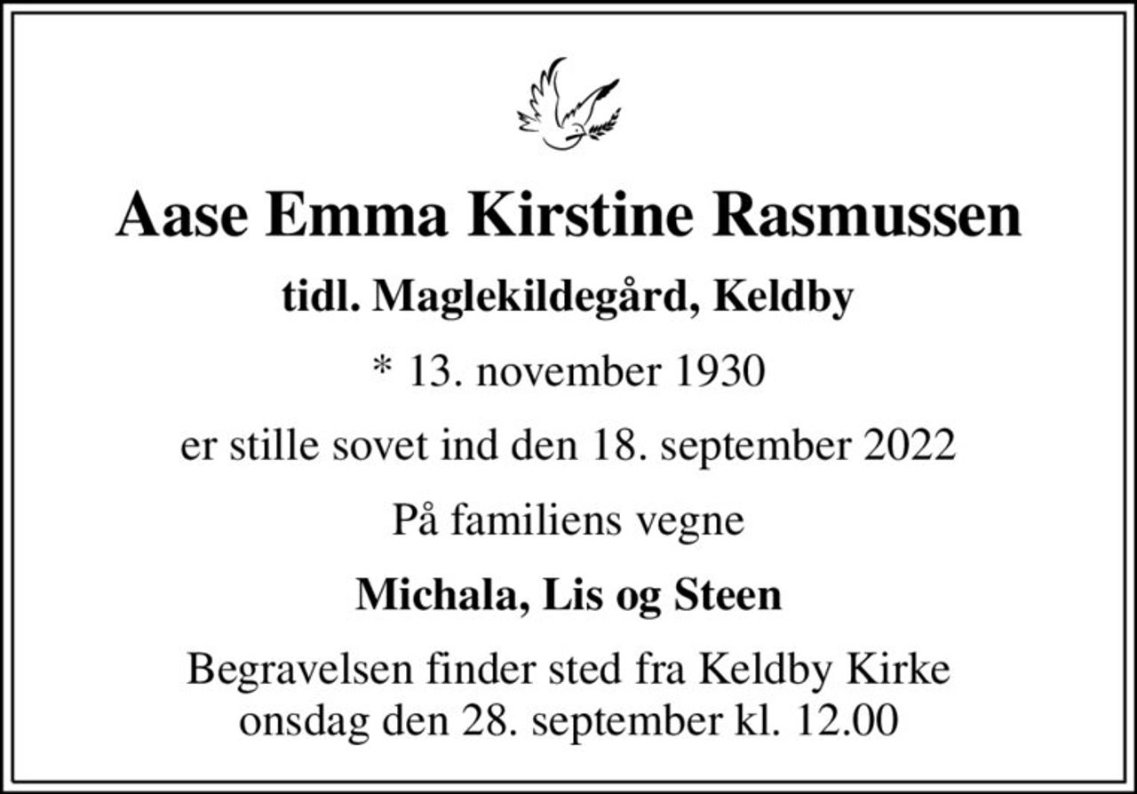 Aase Emma Kirstine Rasmussen | Dødsannoncer i Danmark